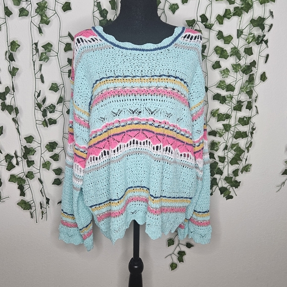 POL | Sweaters | Nwot Pol Bright Blue Pink Stripe Open Knit Boatneck ...